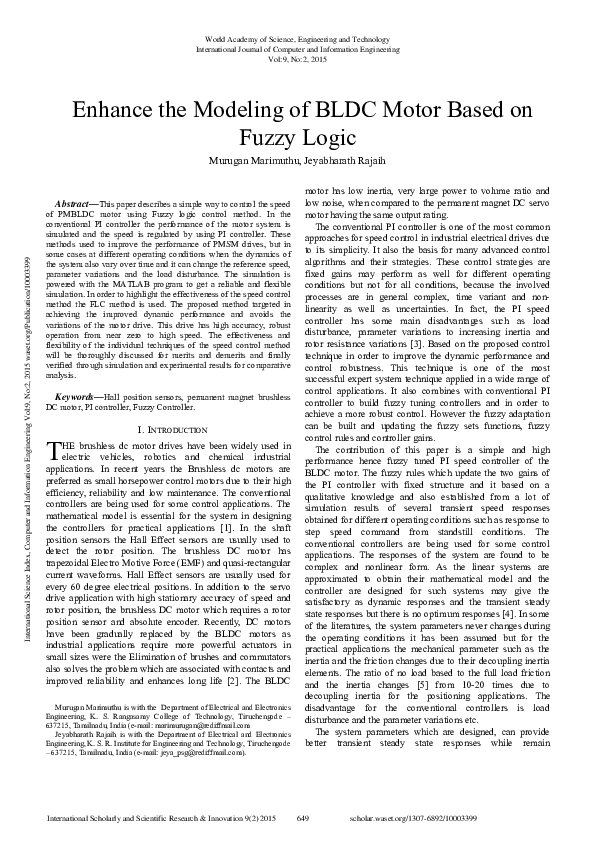Pdf Enhance The Modeling Of Bldc Motor Based On Fuzzy Logic