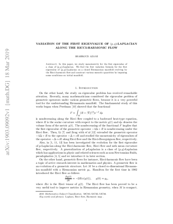 (PDF) Eigenvalue Variation of $(p,q)$-Laplacian Flow