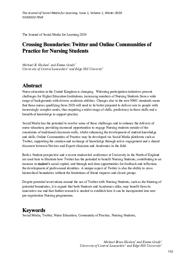 (PDF) Crossing Boundaries: Twitter and Online Communities of Practice for Nursing Students