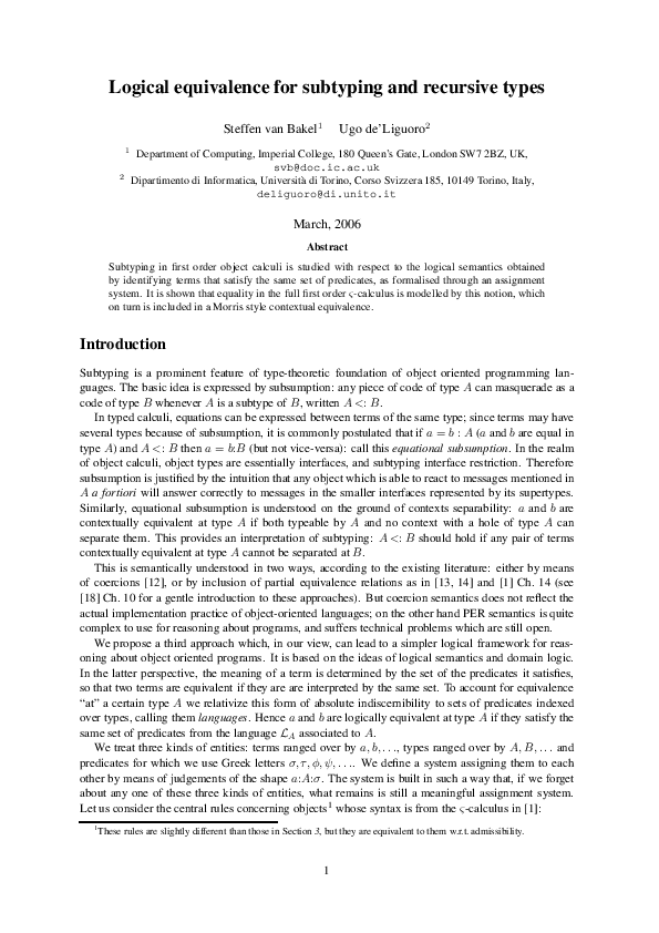 Pdf Logical Equivalence For Subtyping Object And Recursive Types