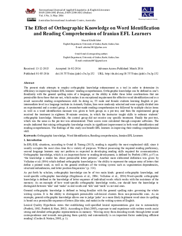 (PDF) The Effect of Orthographic Knowledge on Word Identification and Reading Comprehension of ...