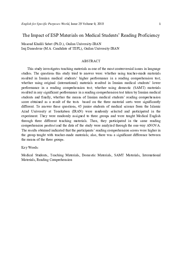(PDF) The Impact of ESP Materials on Medical Students' Reading Proficiency