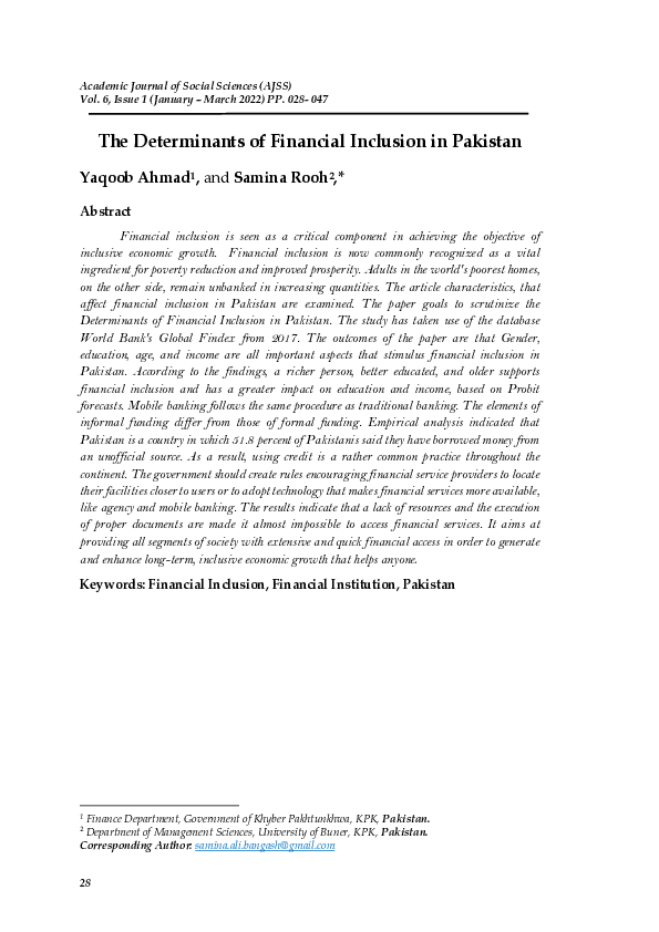 (PDF) The Determinants of Financial Inclusion in Pakistan