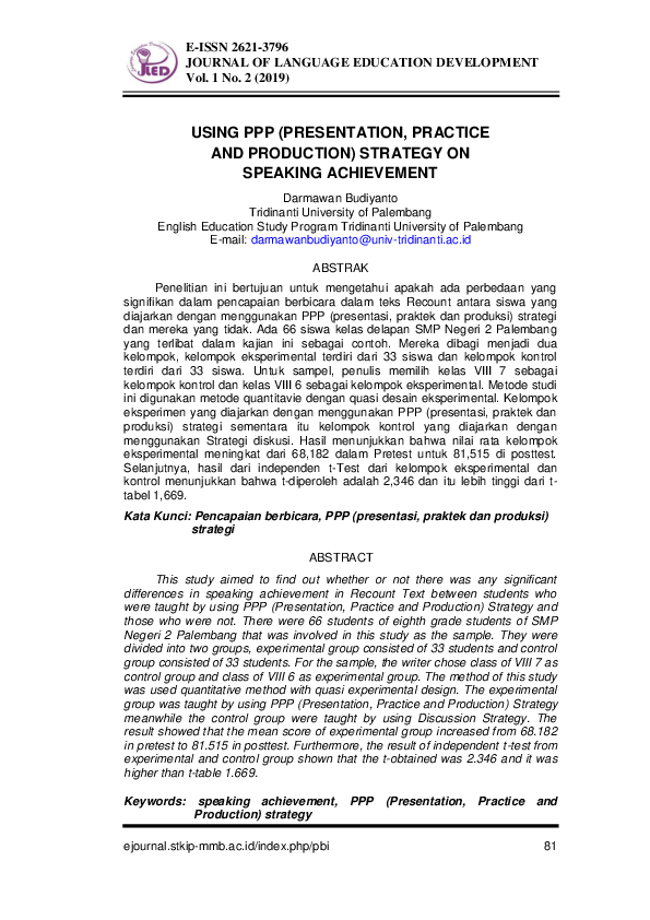 (PDF) Using PPP (Presentation, Practice and Production) Strategy on Speaking Achievement