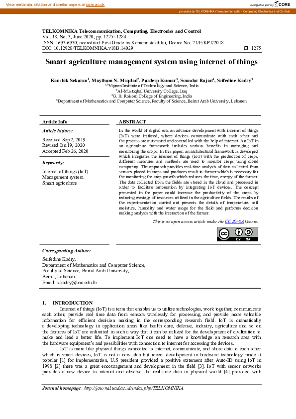 (PDF) Smart agriculture management system using internet of things