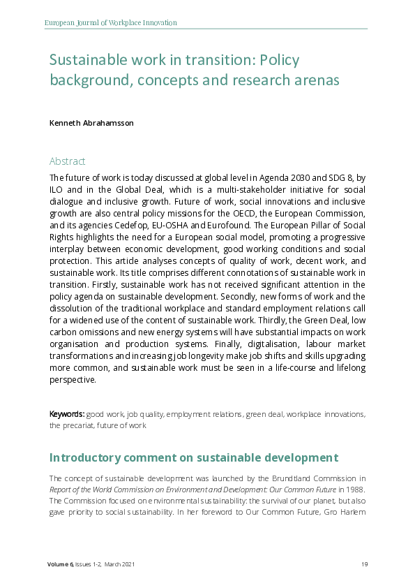(PDF) Sustainable work in transition. Policy background, concepts and research arenas