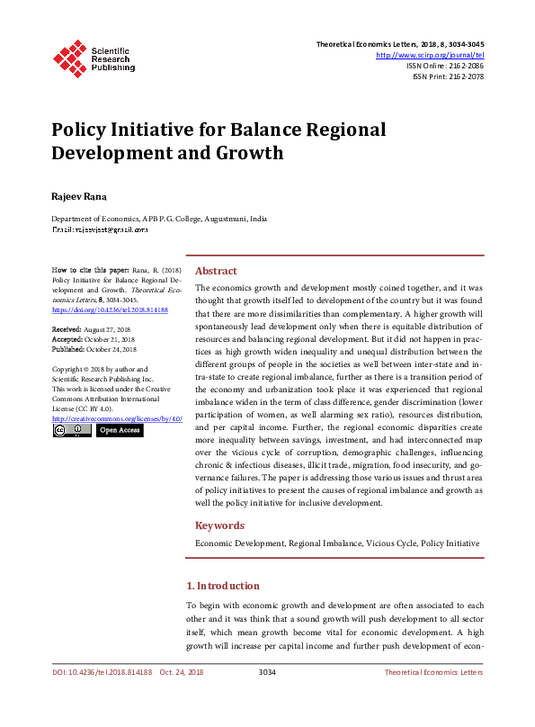 (PDF) Policy Initiative for Balance Regional Development and Growth