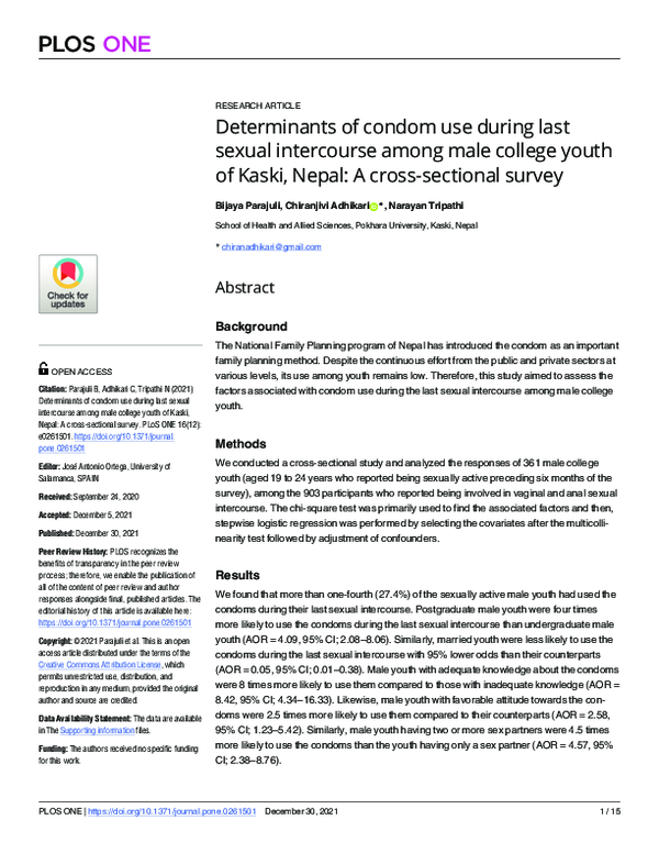 Pdf Determinants Of Condom Use During Last Sexual Intercourse Among