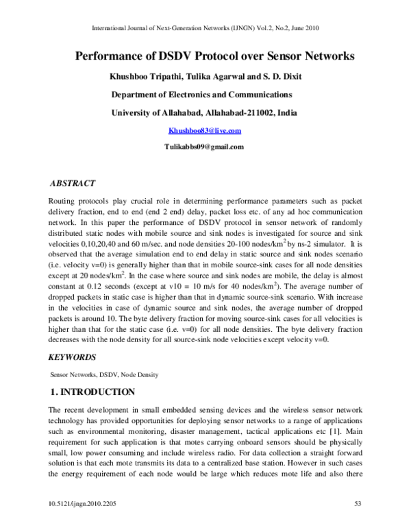 (PDF) Performance of DSDV Protocol over Sensor Networks