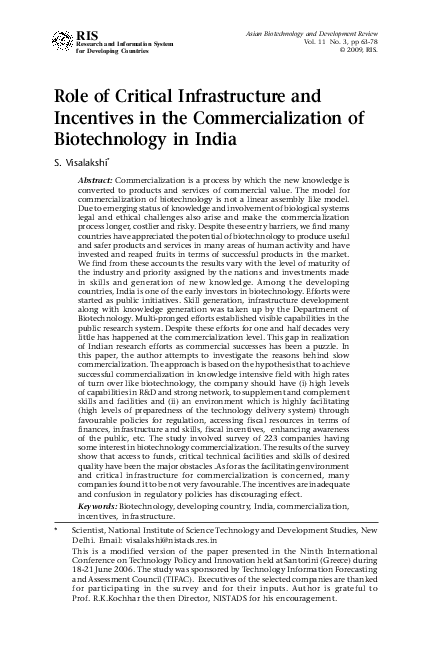 (PDF) Critical Infrastructure and Incentives in India's Biotechnology