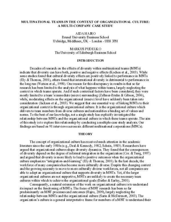 (PDF) Multinational Teams in the Context of Organizational Culture: A ...
