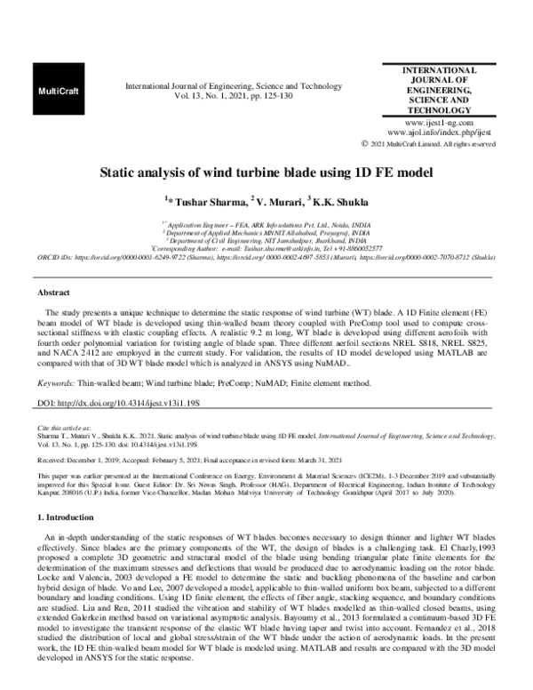 (PDF) Static analysis of wind turbine blade using 1D FE model
