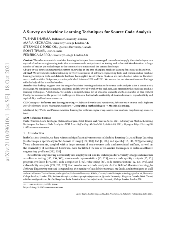 Pdf A Survey On Machine Learning Techniques For Source Code Analysis