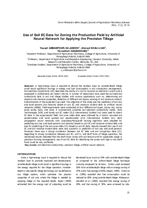 (PDF) Use of Soil EC Data for Zoning the Production Field by Artificial Neural Network for ...