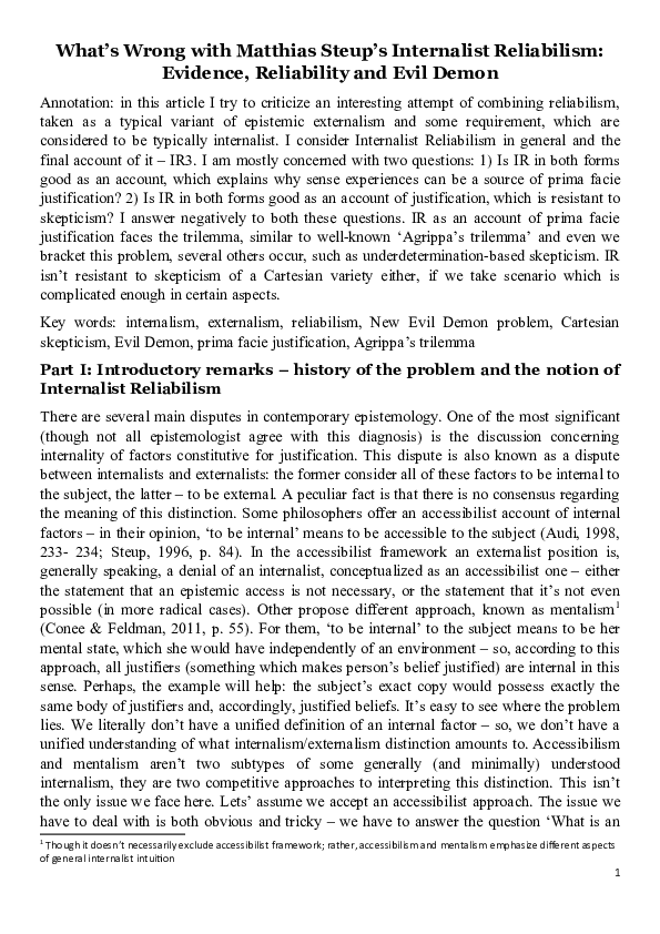 (DOC) What's Wrong with Matthias Steup's Internalist Reliabilism ...