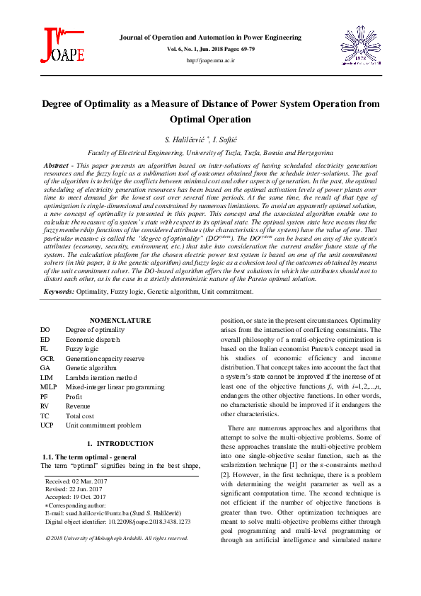Pdf Degree Of Optimality As A Measure Of Distance Of Power System