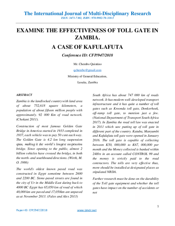 (PDF) EXAMINE THE EFFECTIVENESS OF TOLL GATE IN ZAMBIA. A CASE OF ...