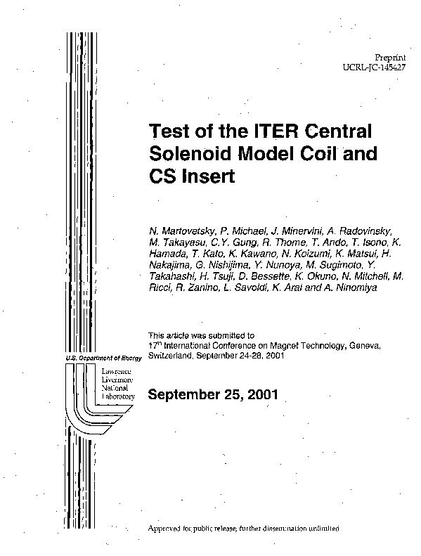 (PDF) Test of the ITER central solenoid model coil and CS insert