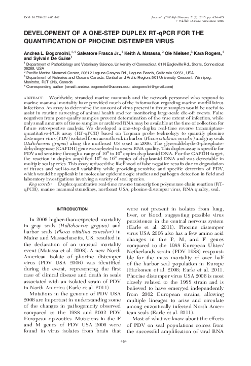 (PDF) DEVELOPMENT OF A ONE-STEP DUPLEX RT-qPCR FOR THE QUANTIFICATION OF PHOCINE DISTEMPER VIRUS ...