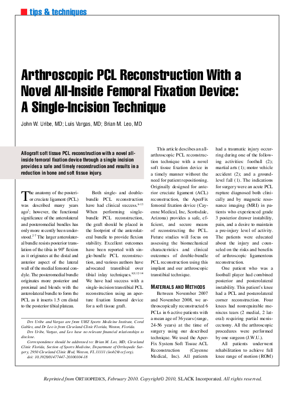(PDF) Arthroscopic PCL Reconstruction with a Novel All-Inside Femoral ...