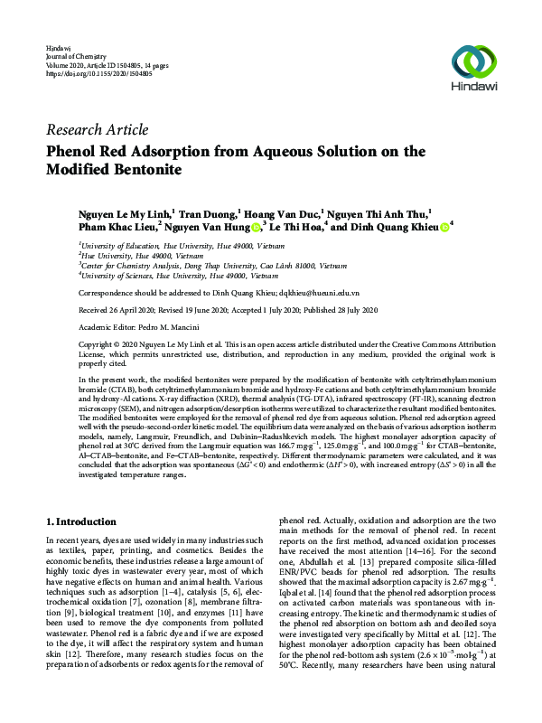 (PDF) Modified Bentonite for Phenol Red Removal