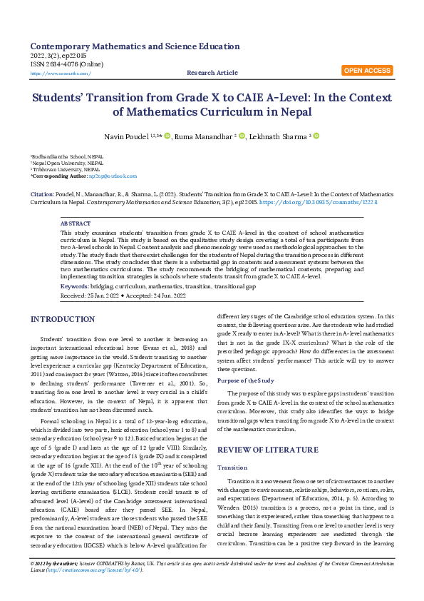 (PDF) Students' Transition from Grade X to CAIE A-Level: In the Context ...