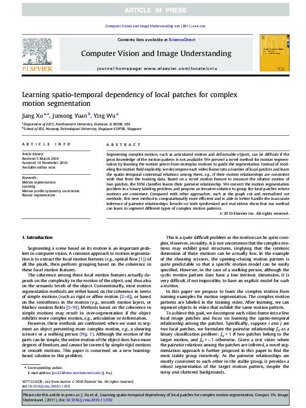 Pdf Learning Spatio Temporal Dependency Of Local Patches For Complex Motion Segmentation 