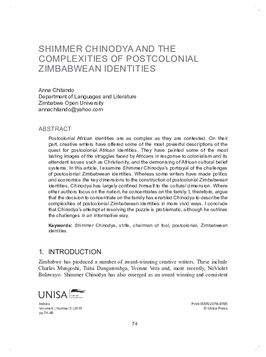 (PDF) Shimmer Chinodya and the Complexities of Postcolonial Zimbabwean ...