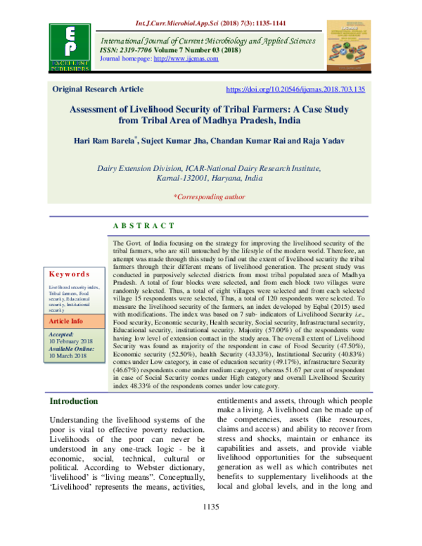 (PDF) Assessment of Livelihood Security of Tribal Farmers: A Case Study from Tribal Area of ...
