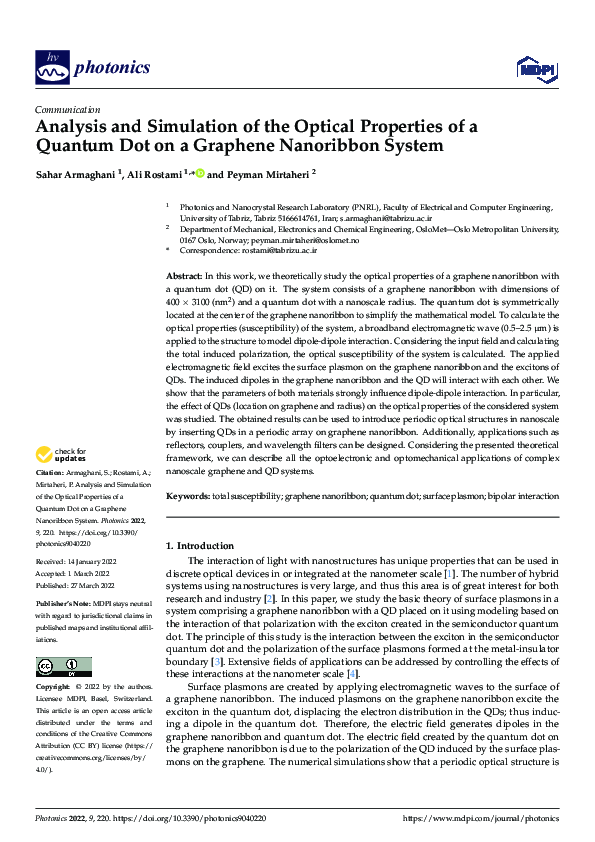 (PDF) Analysis and Simulation of the Optical Properties of a Quantum Dot on a Graphene ...