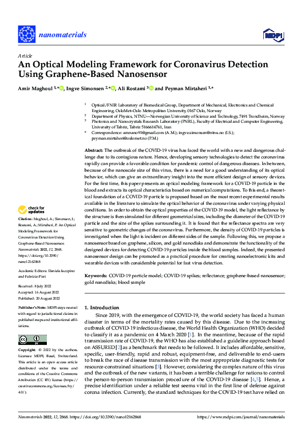(PDF) An Optical Modeling Framework for Coronavirus Detection Using Graphene-Based Nanosensor