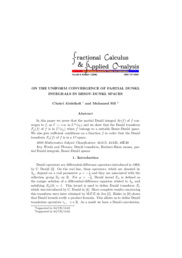 Pdf On The Uniform Convergence Of Partial Dunkl Integrals In Besov Dunkl Spaces