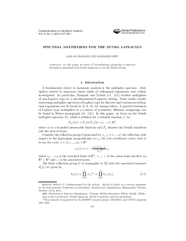(PDF) Spectral multipliers for the Dunkl Laplacian