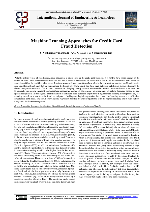 Pdf Machine Learning Approaches For Credit Card Fraud Detection