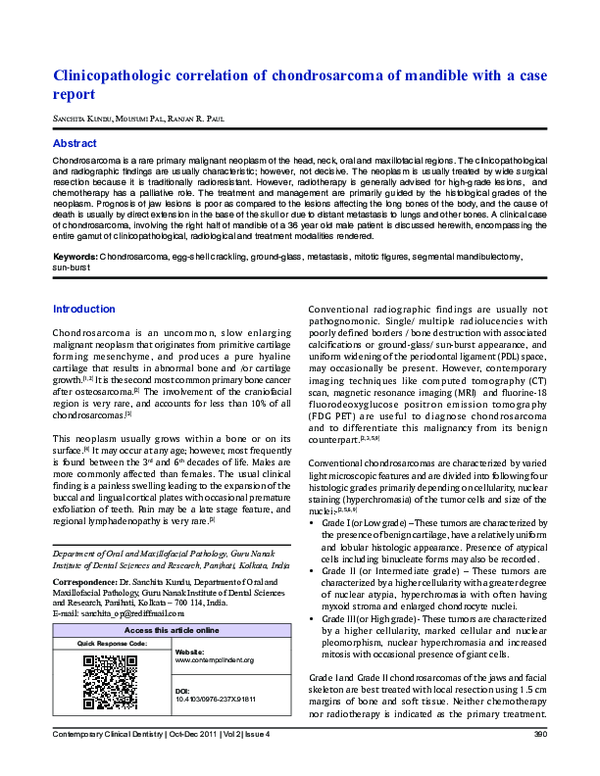 Pdf Clinicopathologic Correlation Of Chondrosarcoma Of Mandible With A Case Report Sanchita