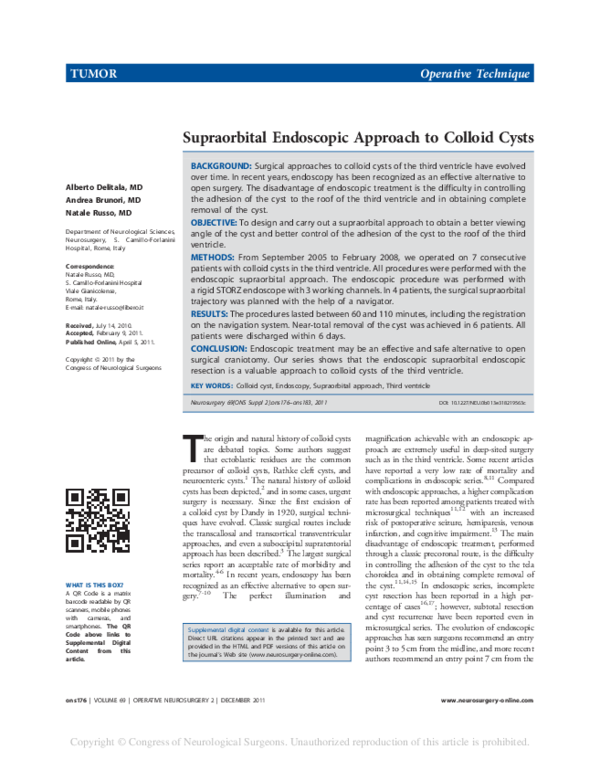(PDF) Supraorbital Endoscopic Approach to Colloid Cysts