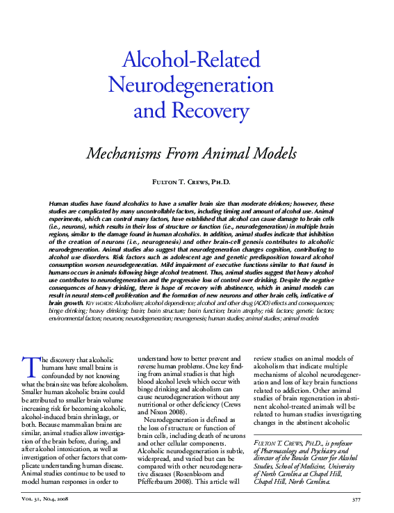 (PDF) Alcohol-related neurodegeneration and recovery: mechanisms from ...