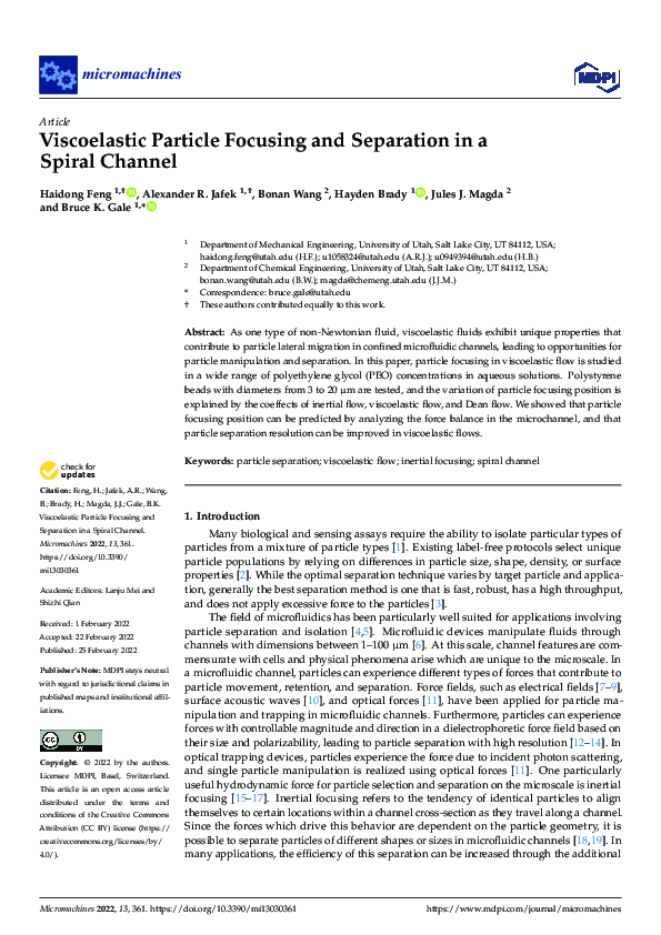 (PDF) Viscoelastic Particle Focusing and Separation in a Spiral Channel
