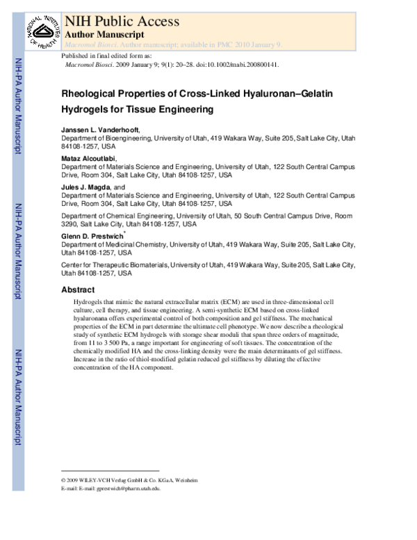 (PDF) Rheological Properties of Cross-Linked Hyaluronan-Gelatin Hydrogels for Tissue Engineering