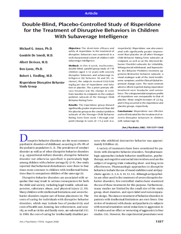 (PDF) Double-Blind, Placebo-Controlled Study of Risperidone for the ...