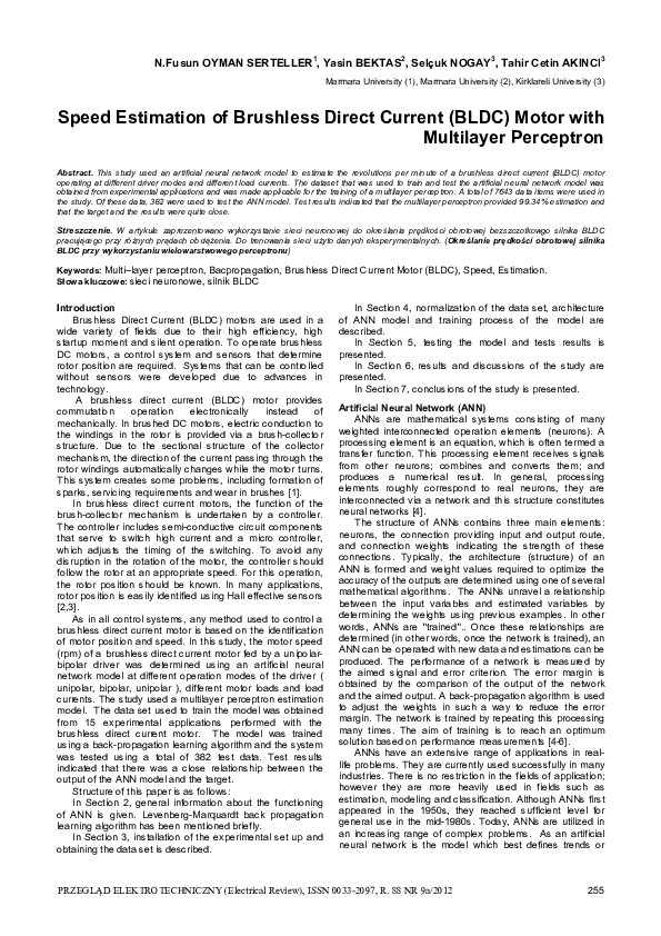 Pdf Speed Estimation Of Brushless Direct Current Bldc Motor With Multilayer Perceptron