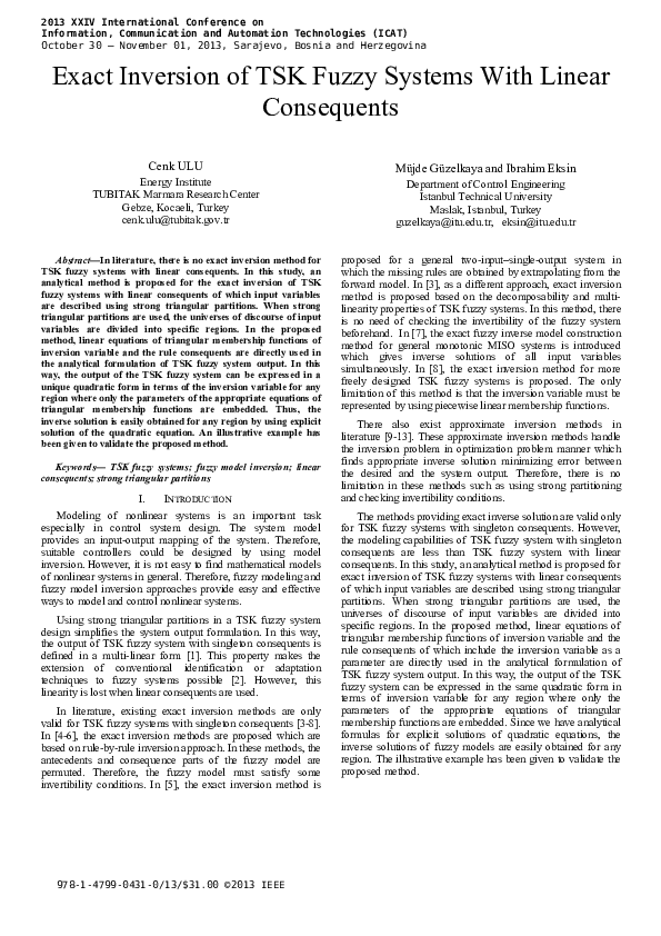 (PDF) Exact inversion of TSK fuzzy systems with linear consequents