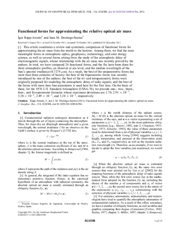 (PDF) Functional forms for approximating the relative optical air mass