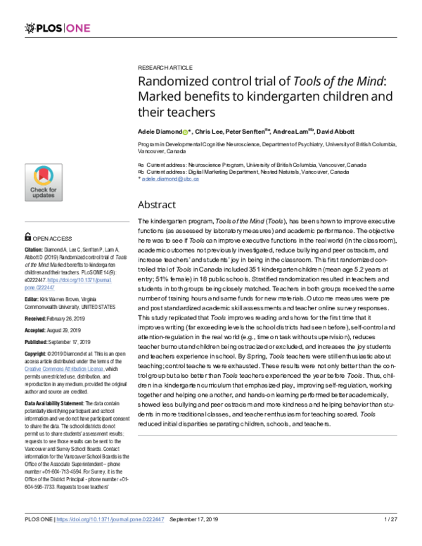 (PDF) Randomized control trial of Tools of the Mind: Marked benefits to ...