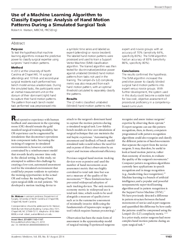 (PDF) Use of a machine learning algorithm to classify expertise: analysis of hand motion ...