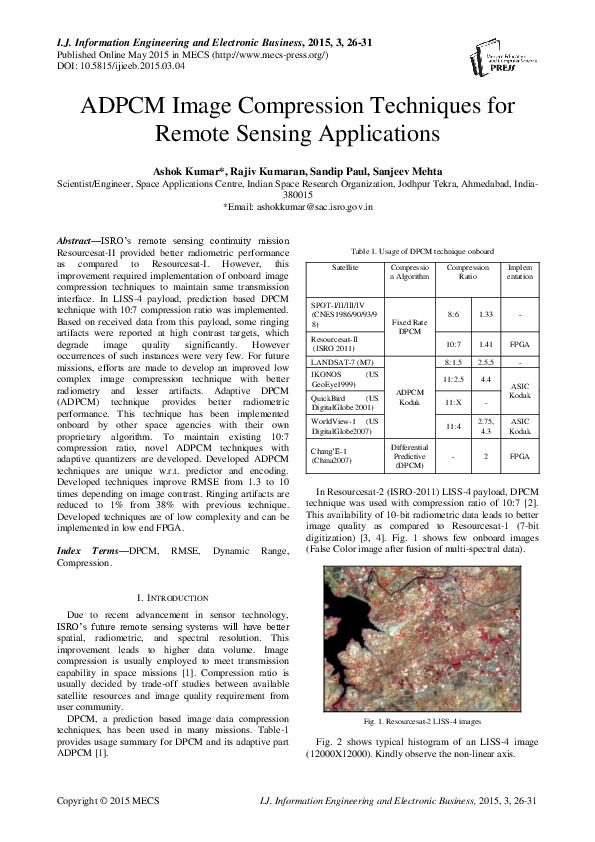 (PDF) ADPCM Image Compression Techniques for Remote Sensing Applications