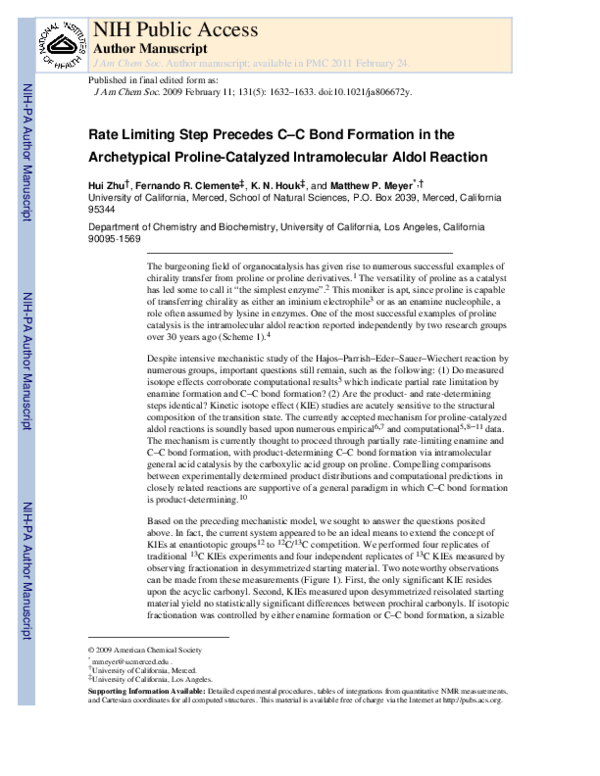 (PDF) Rate Limiting Step Precedes C−C Bond Formation in the Archetypical Proline-Catalyzed ...