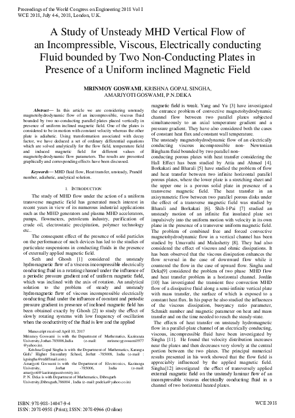 (PDF) A Study of Unsteady MHD Vertical Flow of an Incompressible , Viscous , Electrically ...