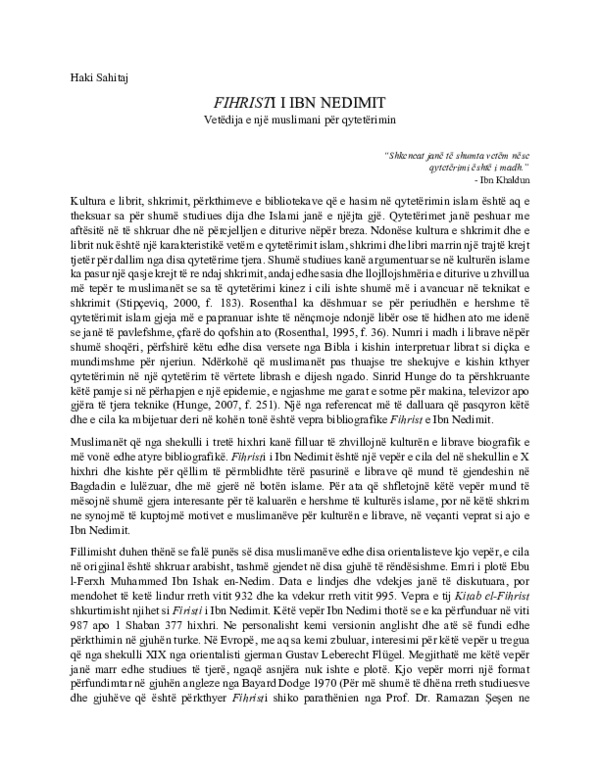 (PDF) FIHRISTI I IBN NEDIMIT/Vetëdija e një muslimani për qytetërimin