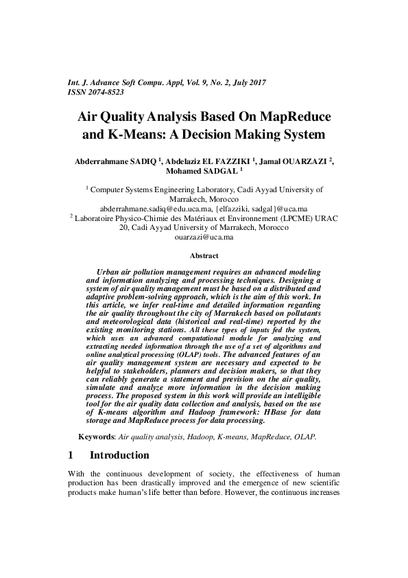 (PDF) Air Quality Analysis Based On MapReduce and K-Means: A Decision Making System